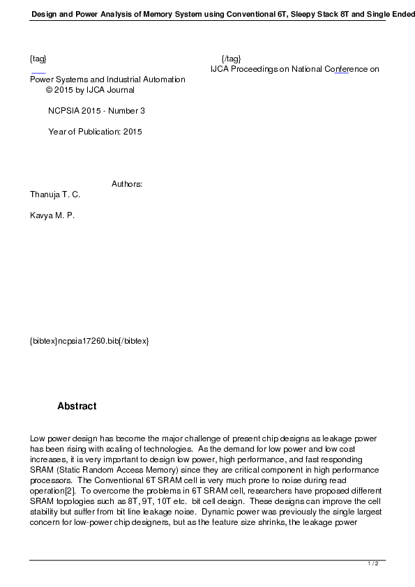 (PDF) Design and Power Analysis of Memory System using Conventional 6T, Sleepy Stack 8T and ...