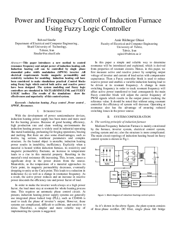 Pdf Power And Frequency Control Of Induction Furnace Using Fuzzy Logic Controller