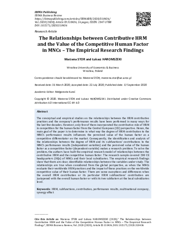 (PDF) The Relationships between Contributive HRM and the Value of the Competitive Human Factor ...