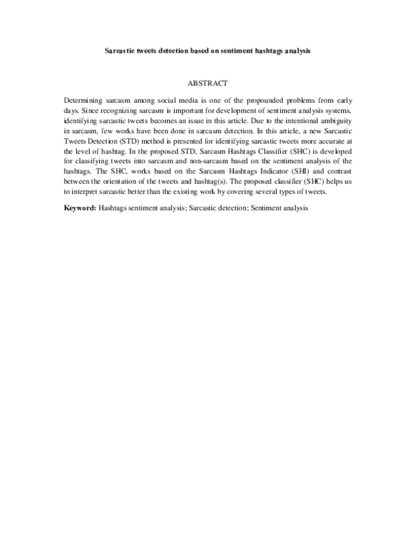Pdf Sarcastic Tweets Detection Based On Sentiment Hashtags Analysis