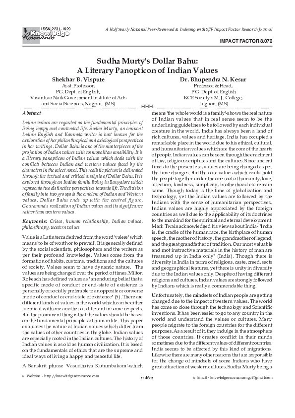 (PDF) Sudha Murty's Dollar Bahu A Literary Panopticon of Indian Values