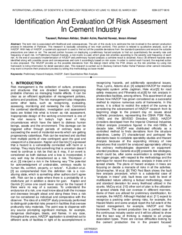 (PDF) Identification And Evaluation Of Risk Assesment In Cement Industry