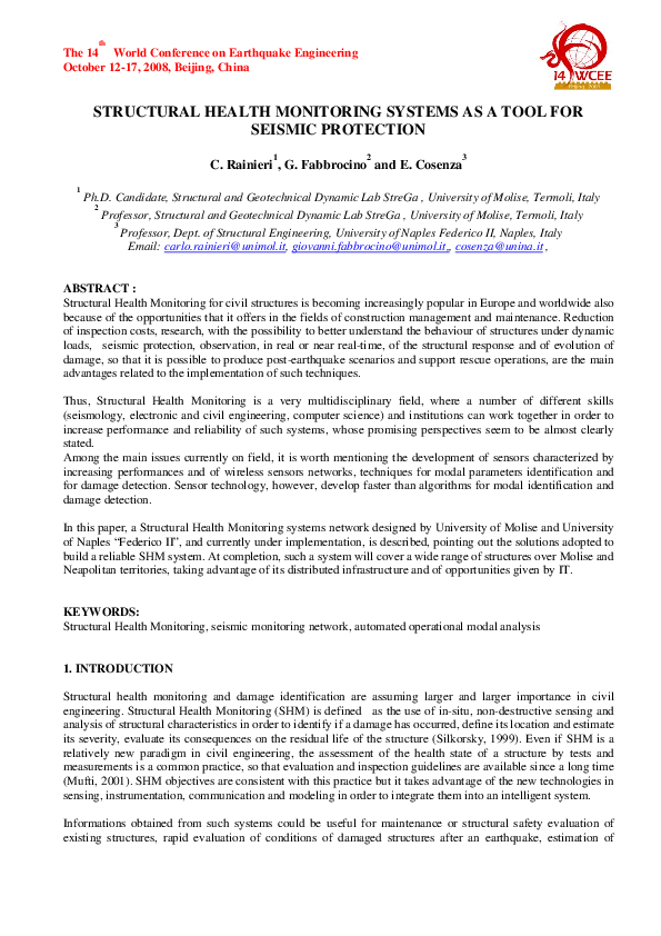 (PDF) Structural Health Monitoring Systems as a Tool for Seismic Protection