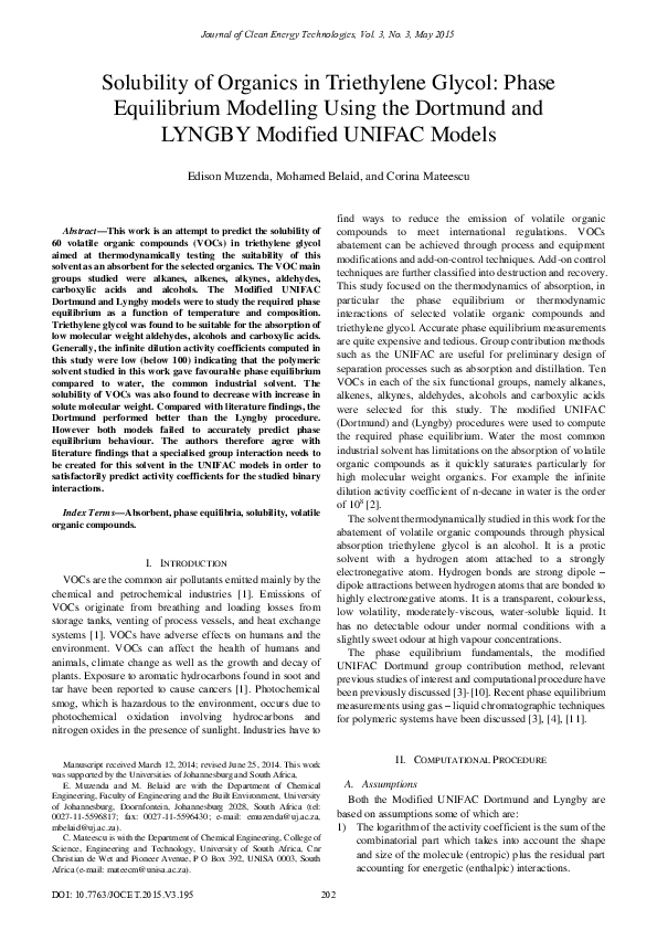(PDF) Solubility of Organics in Triethylene Glycol: Phase Equilibrium ...
