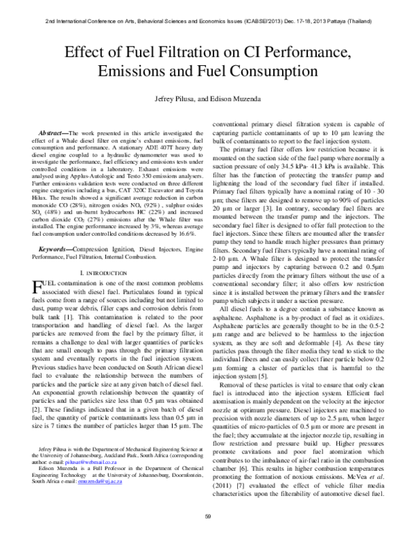 (PDF) Effect of fuel filtration on CI performance, emissions and fuel ...