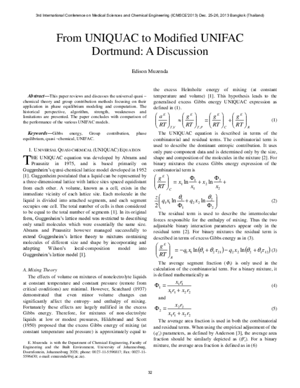 (PDF) From UNIQUAC to modified UNIFAC Dortmund: a discussion