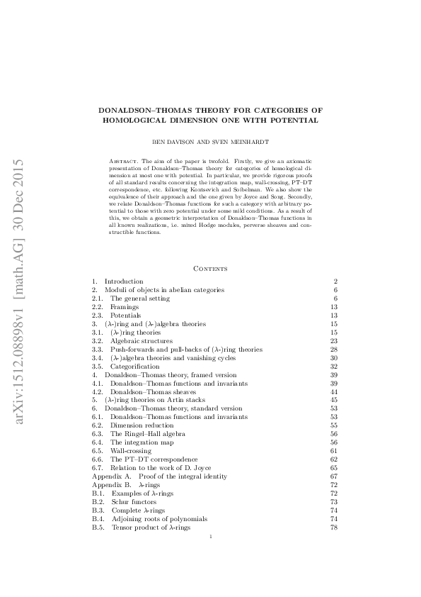(PDF) Donaldson-Thomas theory for categories of homological dimension one with potential | Ben ...