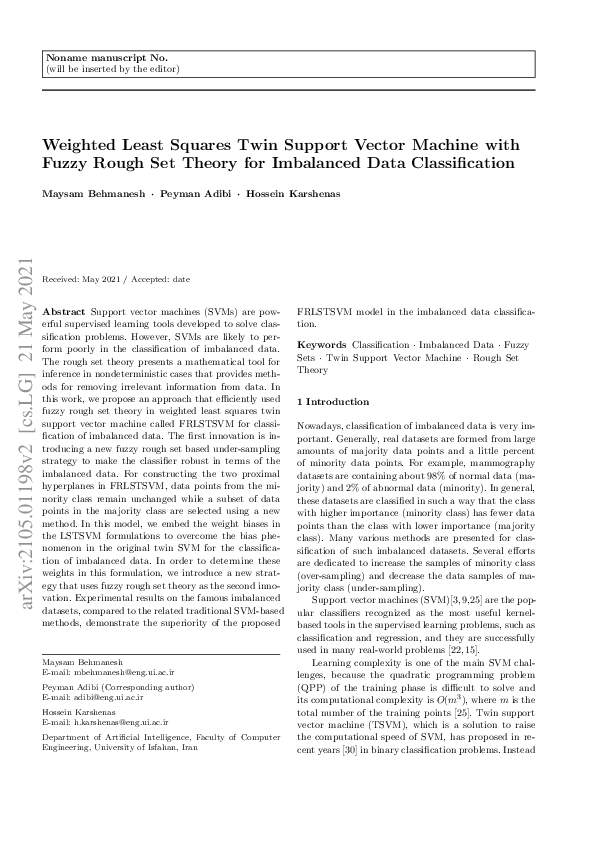 Pdf Weighted Least Squares Twin Support Vector Machine With Fuzzy Rough Set Theory For