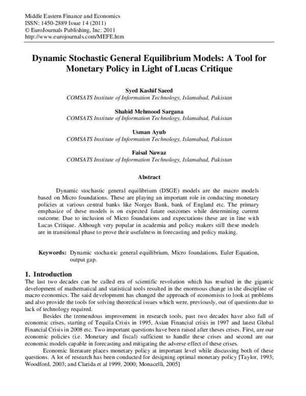 (PDF) Dynamic Stochastic General Equilibrium Models: A Tool for Monetary Policy in Light of ...