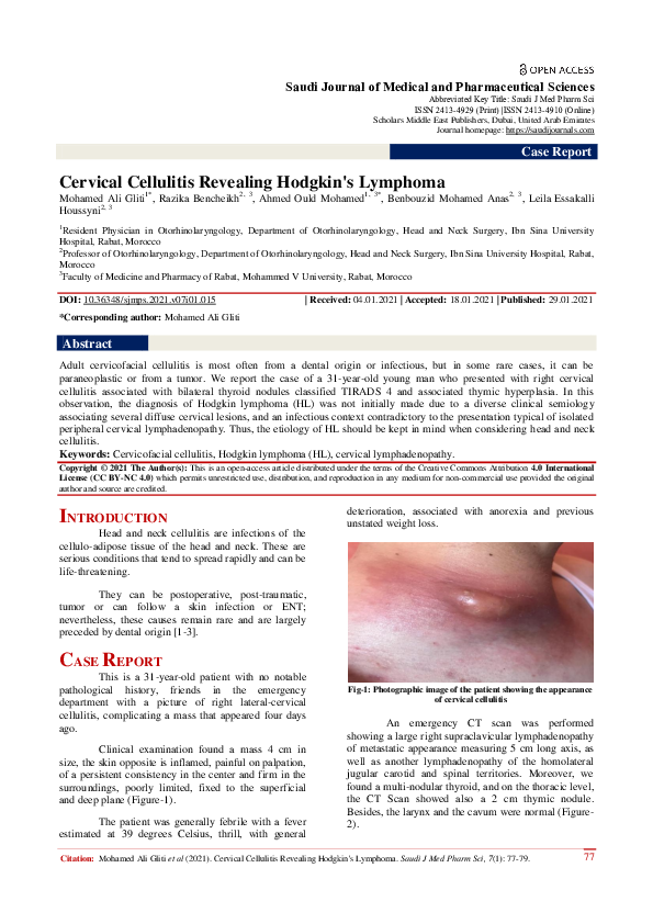(PDF) Cervical Cellulitis Revealing Hodgkin's Lymphoma