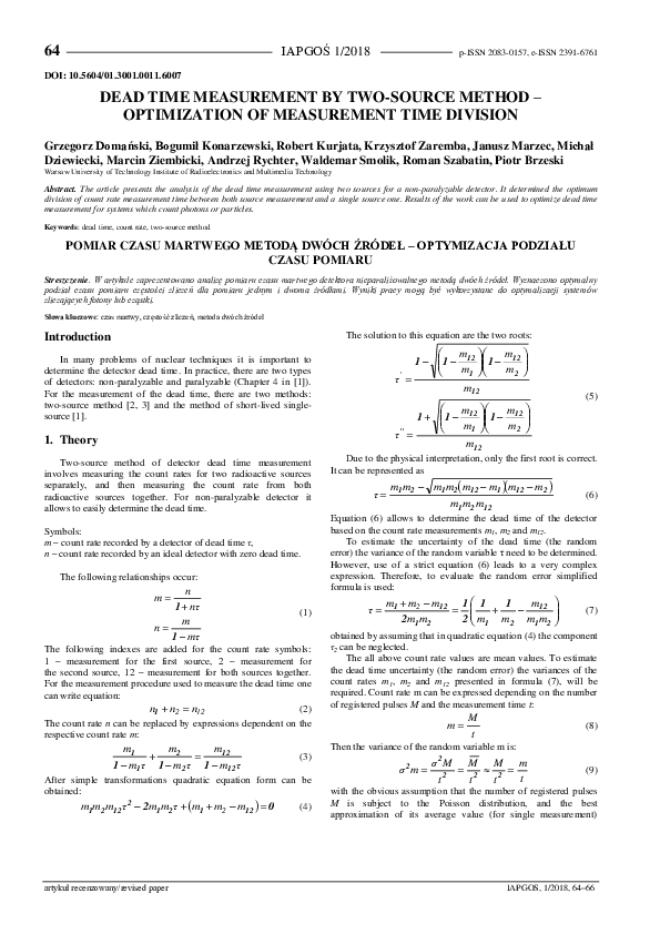 (PDF) Dead Time Measurement by Two-Source Method – Optimization of ...