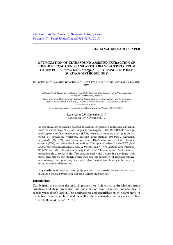 (PDF) Optimization of Ultrasound-Assisted Extraction of Phenolic Compounds and Antioxidant ...