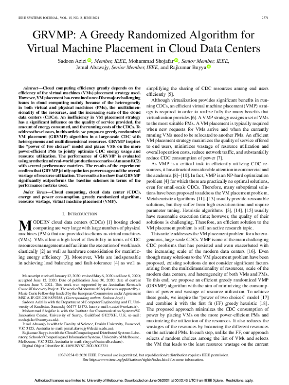 (PDF) GRVMP: A Greedy Randomized Algorithm for Virtual Machine Placement in Cloud Data Centers
