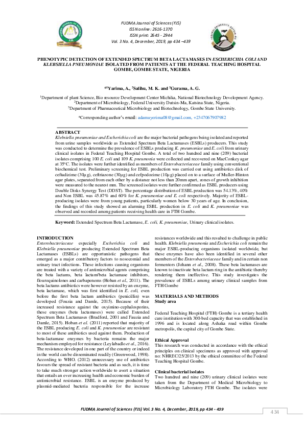 Pdf Phenotypic Detection Of Extended Spectrum Beta Lactamases In Escherichia Coli And