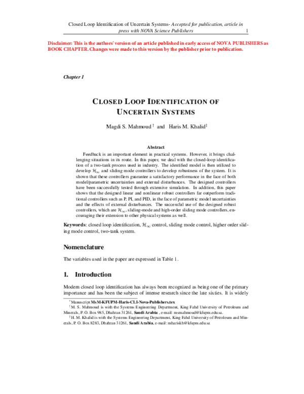(PDF) Closed Loop Identification of Uncertain Systems