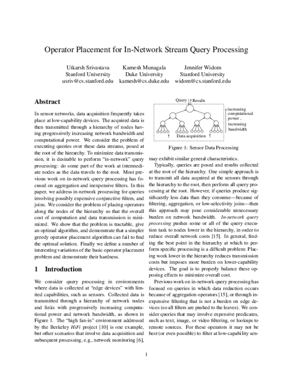 Pdf Operator Placement For In Network Stream Query Processing