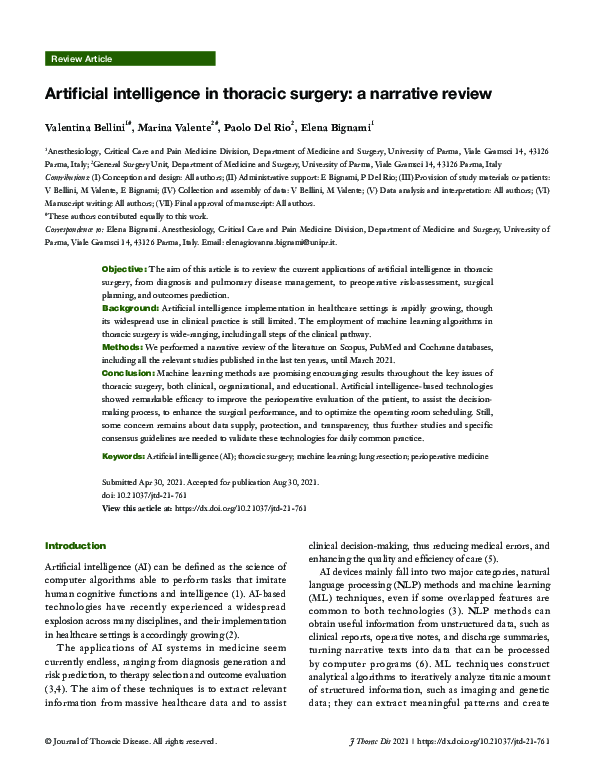 (PDF) Artificial intelligence in thoracic surgery: a narrative review