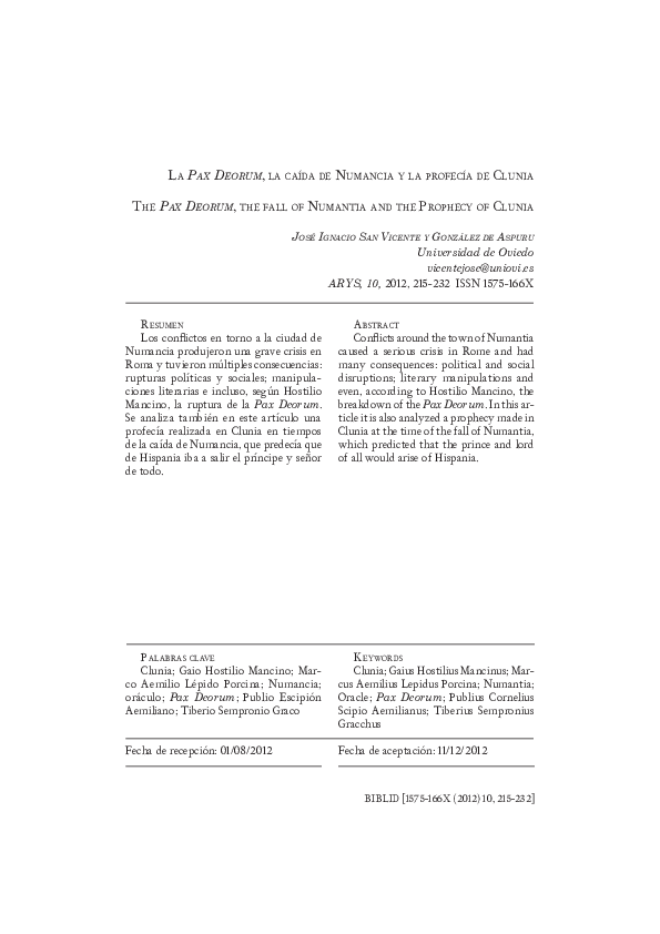 (PDF) La Pax Deorum, la caída de Numancia y la profecía de Clunia. The ...
