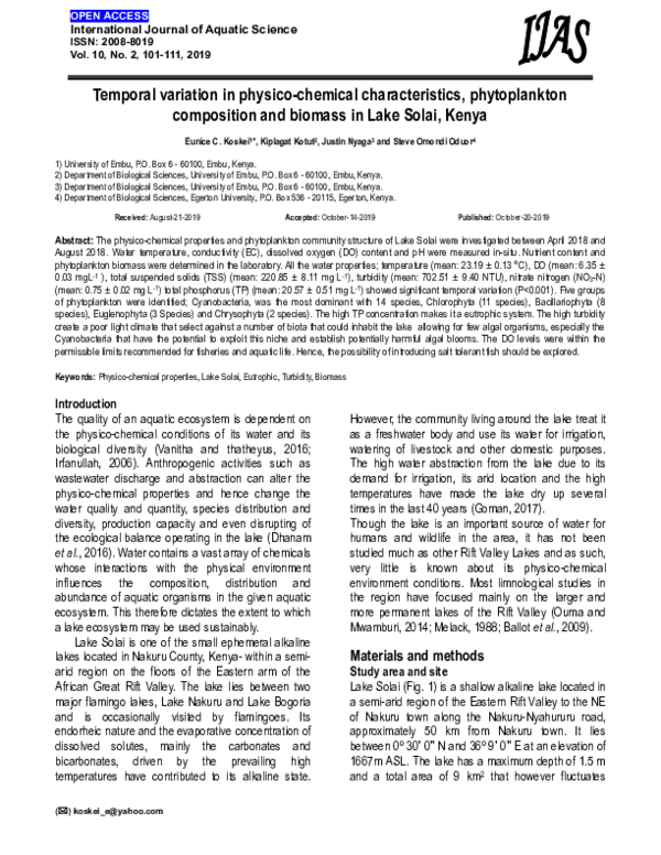 (PDF) Temporal variation in physico-chemical characteristics, phytoplankton composition and ...