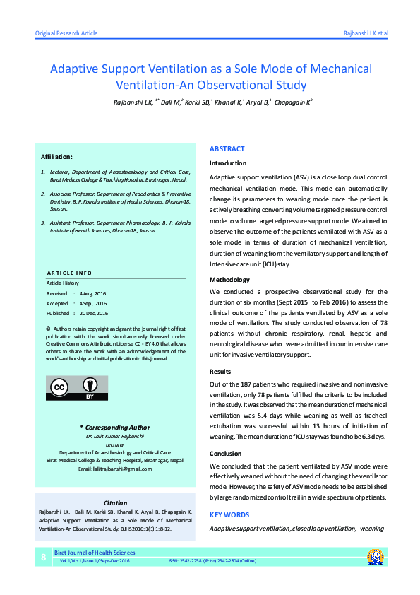 (PDF) Adaptive Support Ventilation as a Sole Mode of Mechanical ...