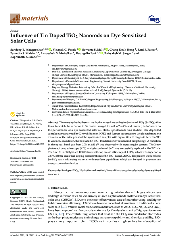 (PDF) Influence of Tin Doped TiO2 Nanorods on Dye Sensitized Solar Cells