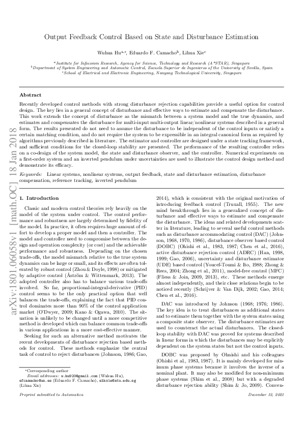 Pdf Output Feedback Control Based On State And Disturbance Estimation