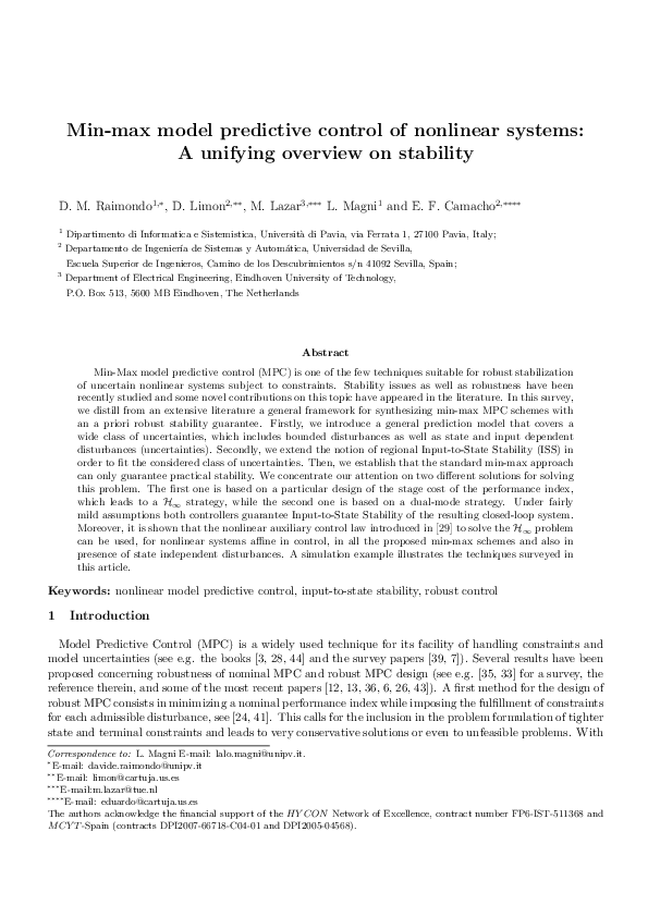 (PDF) Min-max model predictive control of nonlinear systems: A unifying overview on stability