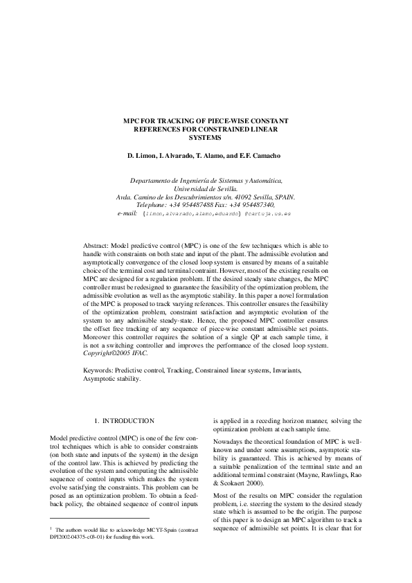 (PDF) MPC for tracking piecewise constant references for constrained linear systems