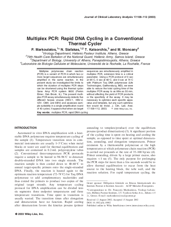 (PDF) Multiplex PCR: Rapid DNA cycling in a conventional thermal cycler