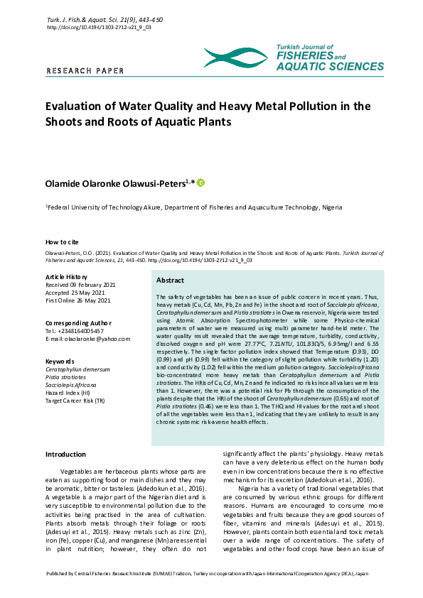 (PDF) Evaluation of Water Quality and Heavy Metal Pollution in the ...