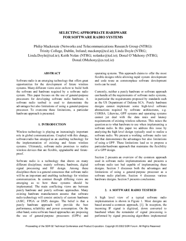(PDF) Selecting Appropriate Hardware for Software Radio Systems