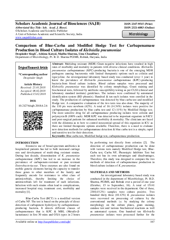 (PDF) Comparison of Blue-Carba and Modified Hodge Test for ...