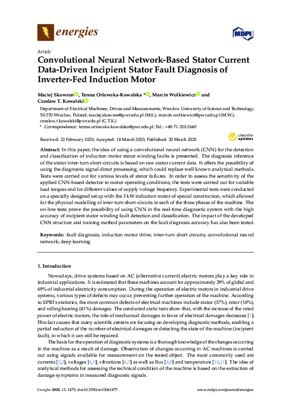 Pdf Convolutional Neural Network Based Stator Current Data Driven Incipient Stator Fault