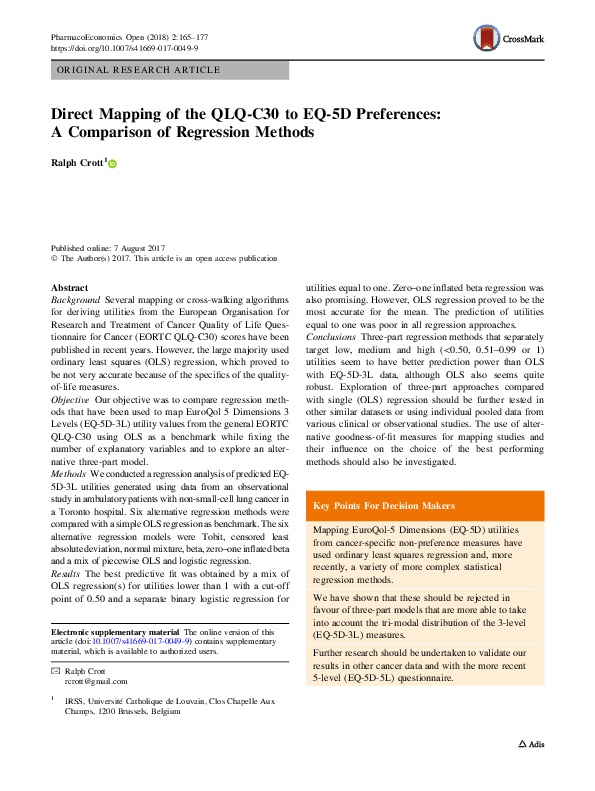 (PDF) Direct Mapping of the QLQ-C30 to EQ-5D Preferences: A Comparison of Regression Methods