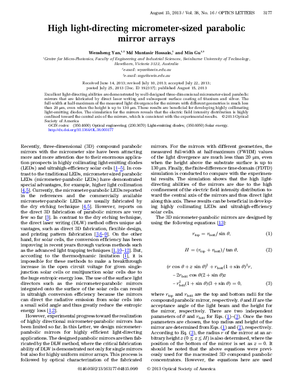 (PDF) High light-directing micrometer-sized parabolic mirror arrays