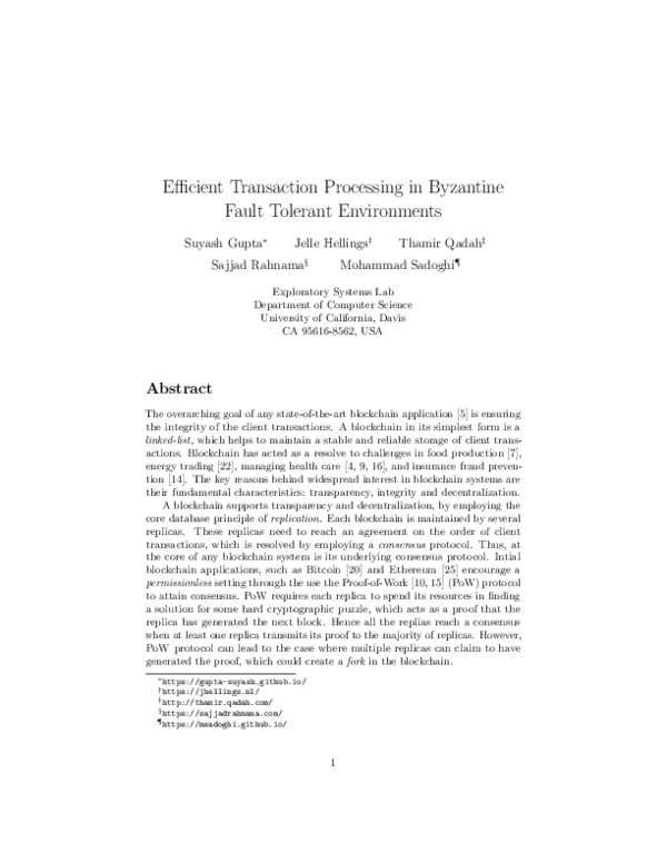 Pdf Efficient Transaction Processing In Byzantine Fault Tolerant Environments Thamir Qadah