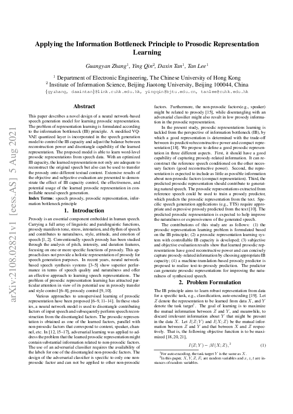 Pdf Applying The Information Bottleneck Principle To Prosodic Representation Learning Shiri