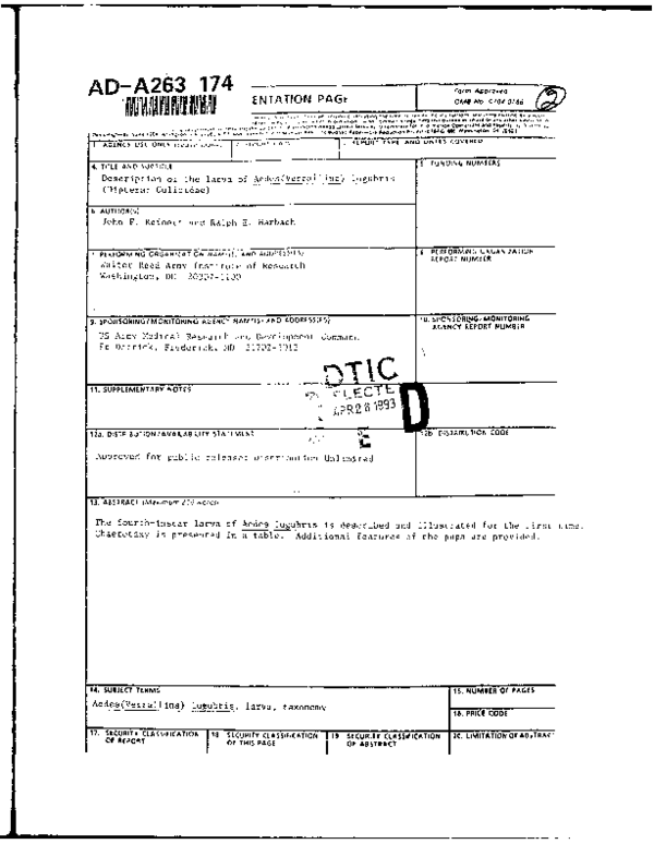 (PDF) Description of the Larva of Aedes (Verrallina) Lugubris (Diptera ...