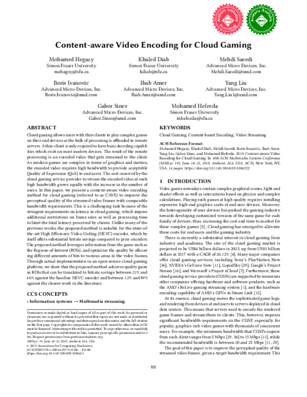 (PDF) Content-aware video encoding for cloud gaming