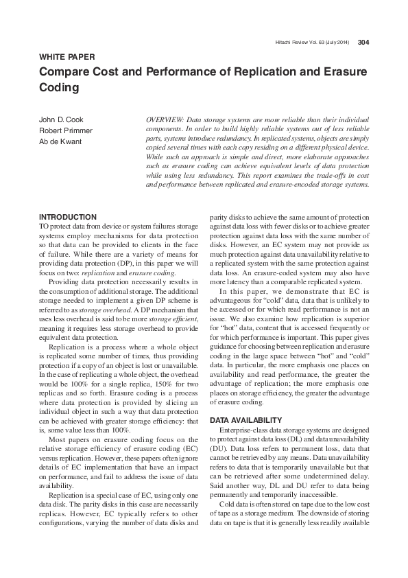 (PDF) Comparing cost and performance of replication and erasure coding