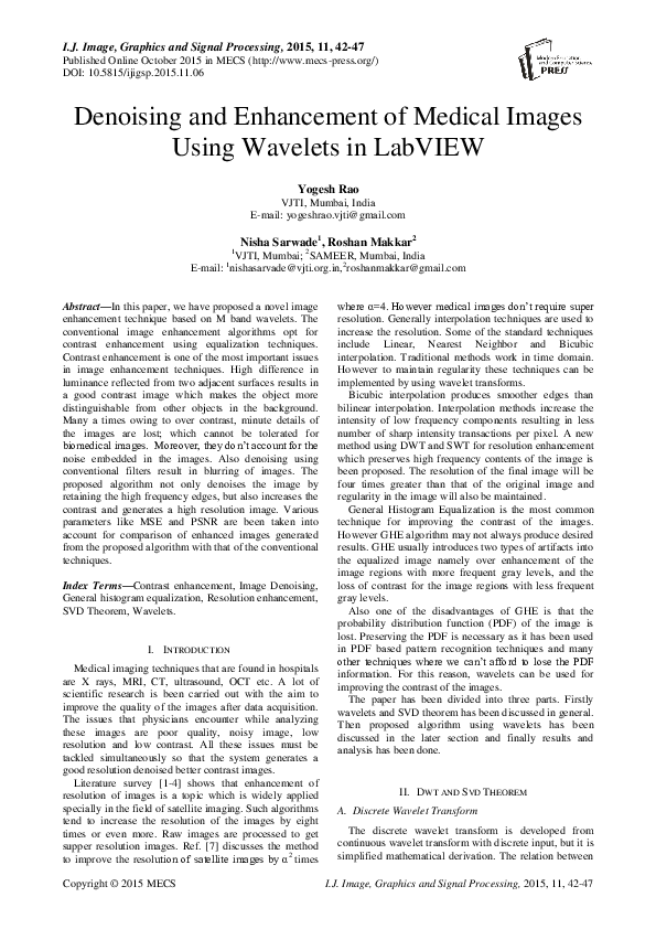 (PDF) Denoising and Enhancement of Medical Images Using Wavelets in LabVIEW