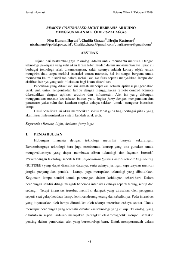 Pdf Remote Controlled Light Berbasis Arduino Menggunakan Metode Fuzzy Logic