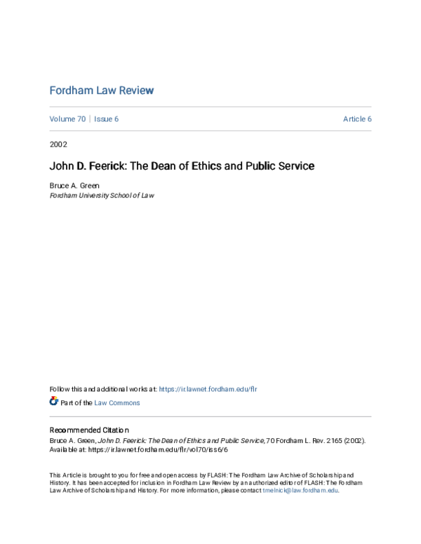 (PDF) John D. Feerick: The Dean of Ethics and Public Service