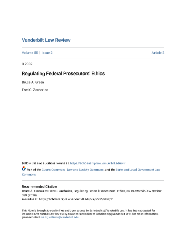 (PDF) Regulating Federal Prosecutor's Ethics | Bruce Green - Academia.edu