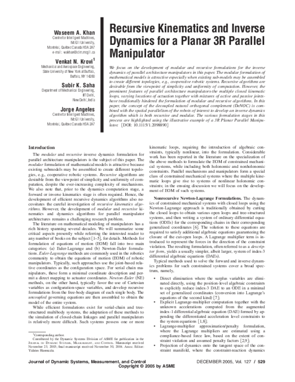 Pdf Recursive Kinematics And Inverse Dynamics For A Planar 3r Parallel Manipulator Subir