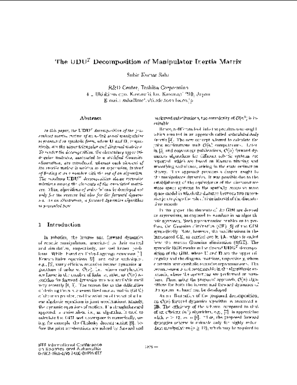 Pdf The Udut Decomposition Of Manipulator Inertia Matrix 