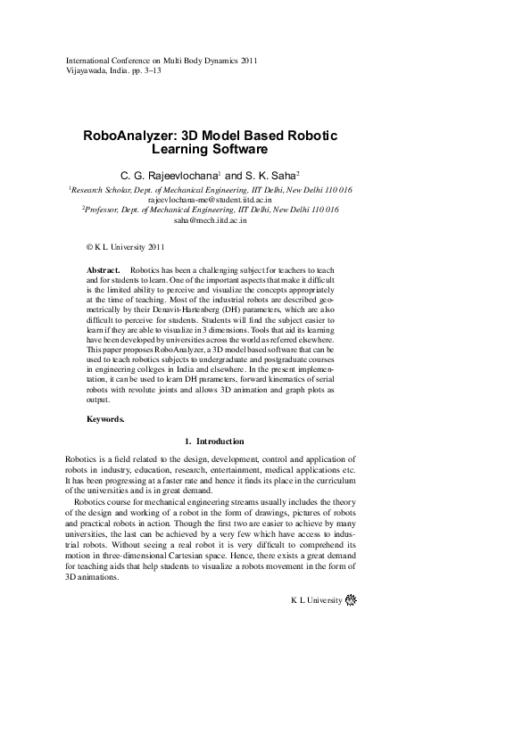 (PDF) RoboAnalyzer: 3D Model Based Robotic Learning Software