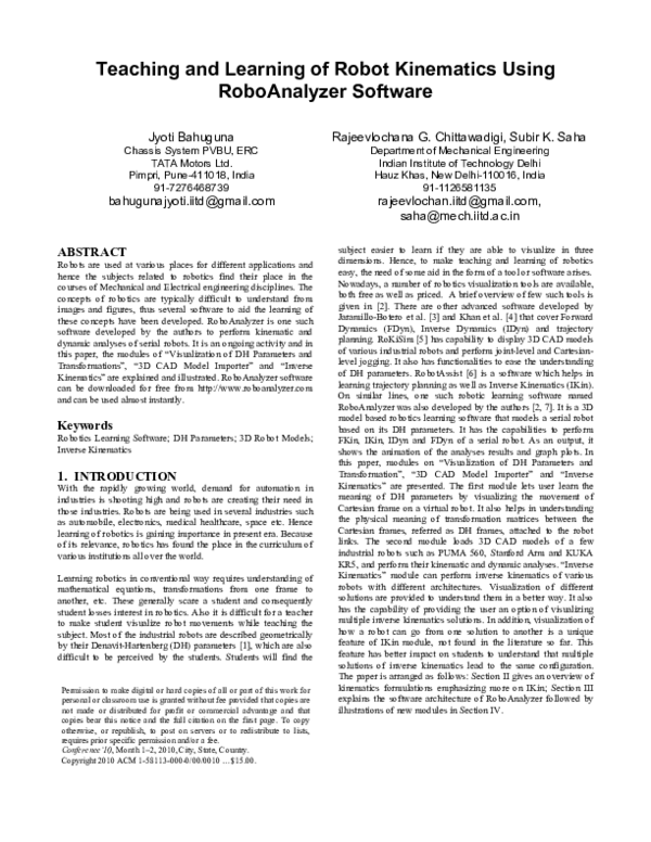 (PDF) Teaching and Learning of Robot Kinematics Using RoboAnalyzer Software