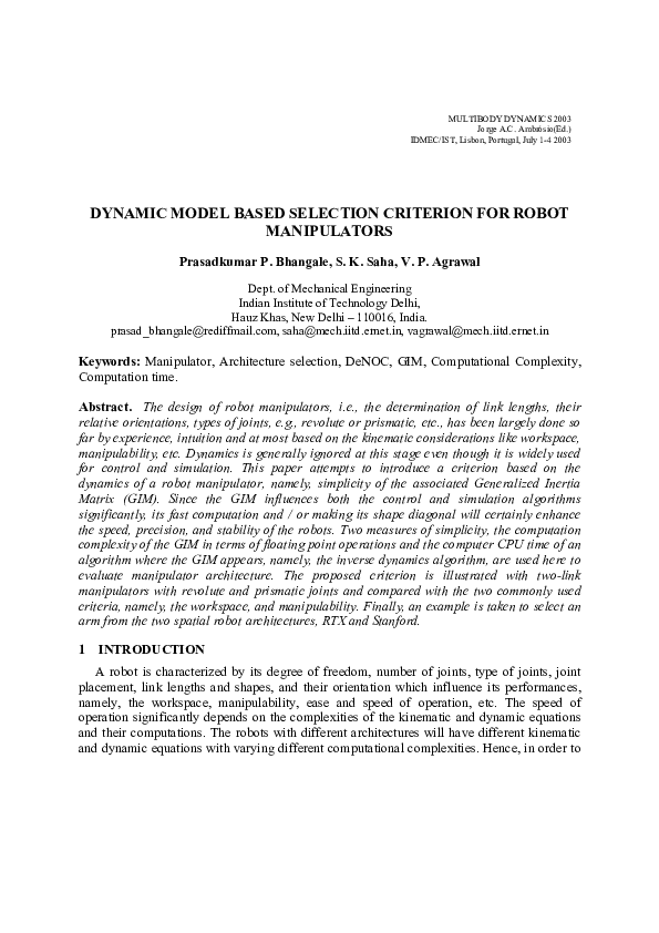 Pdf Dynamic Model Based Selection Criterion For Robot Manipulators