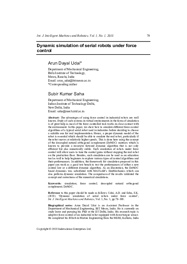 (PDF) Dynamic simulation of serial robots under force control
